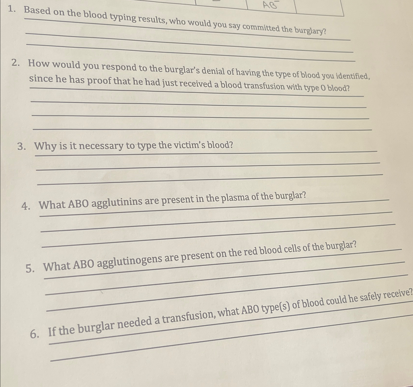 Solved Based on the blood typing results, who would vou | Chegg.com