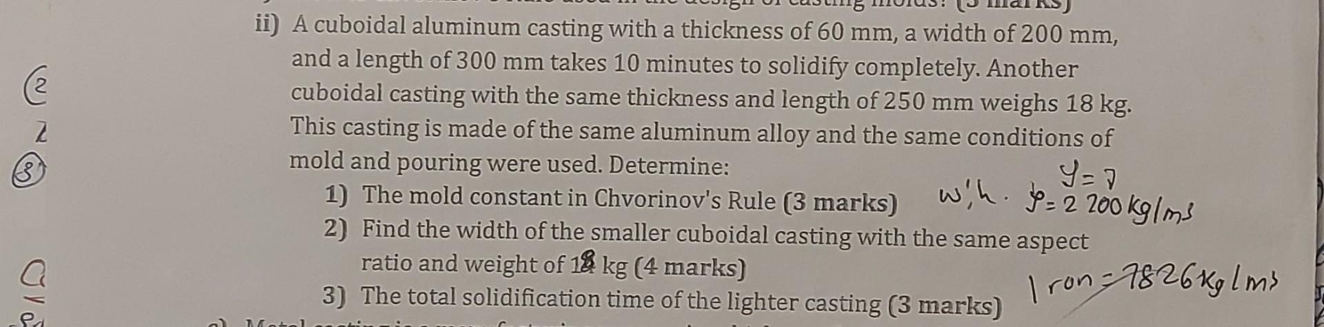 Solved ii) A cuboidal aluminum casting with a thickness of | Chegg.com