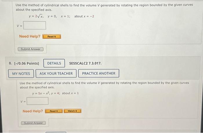 Solved Use the method of cylindrical shells to find the | Chegg.com