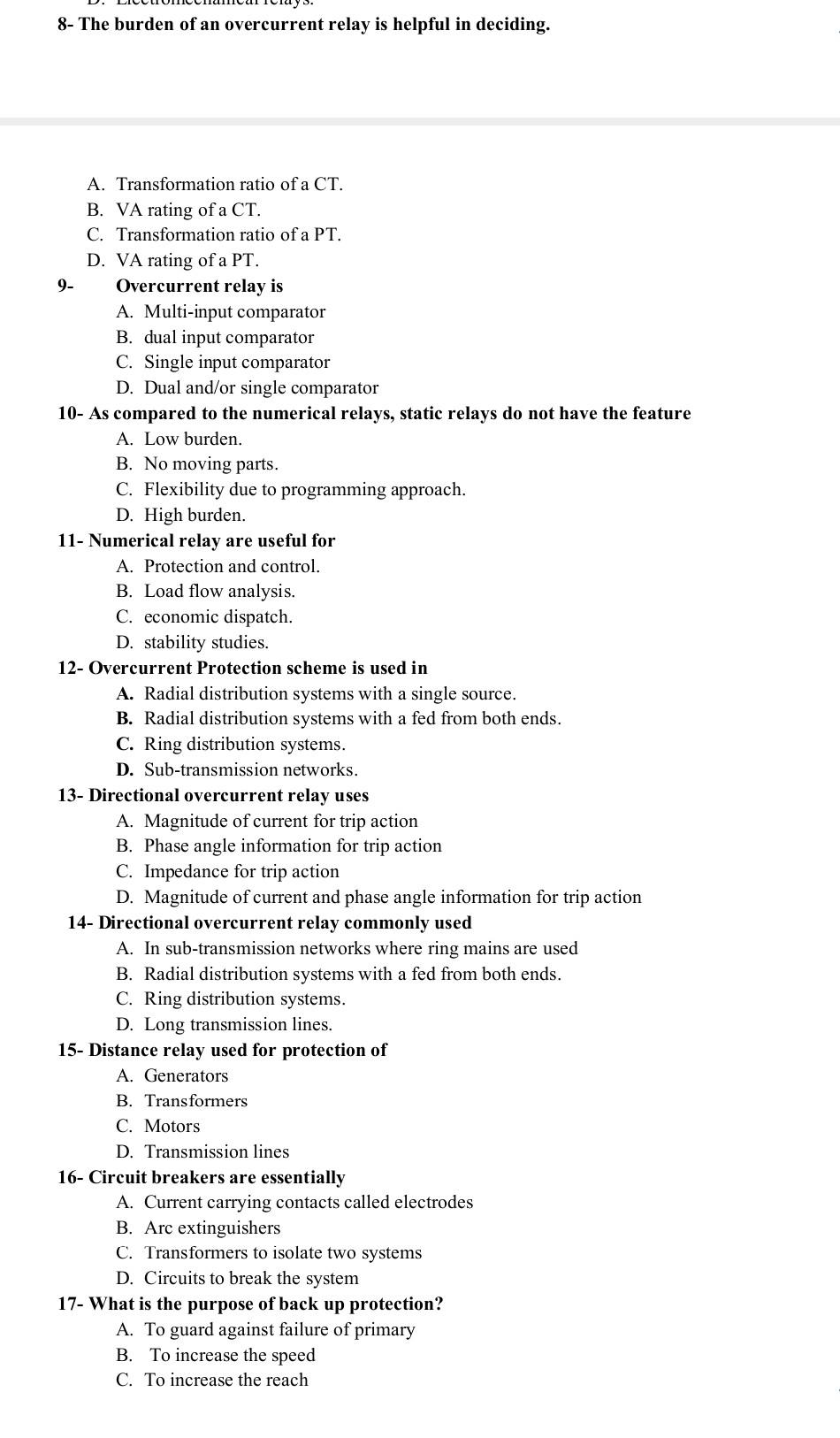 Solved 8- The burden of an overcurrent relay is helpful in | Chegg.com