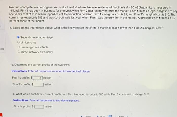 Solved Two firms compete in a homogeneous product market | Chegg.com