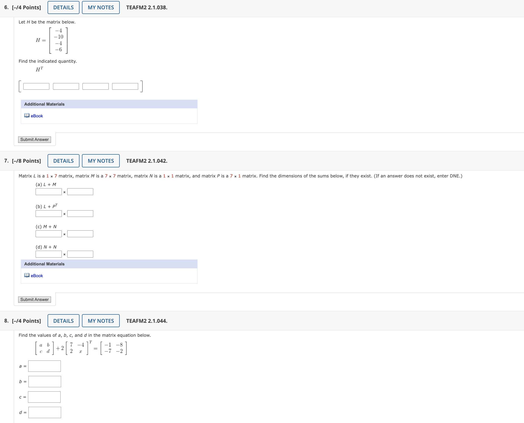 Solved [-/4 ﻿Points]TEAFM2 2.1.038.Let H ﻿be the matrix | Chegg.com