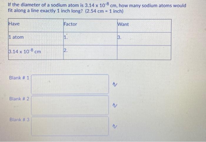 Solved If the diameter of a sodium atom is 3.14 x 10-8 cm, | Chegg.com