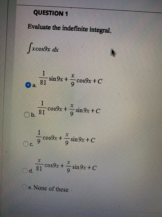 Solved QUESTION 1 Evaluate the indefinite integral. Excosdx | Chegg.com