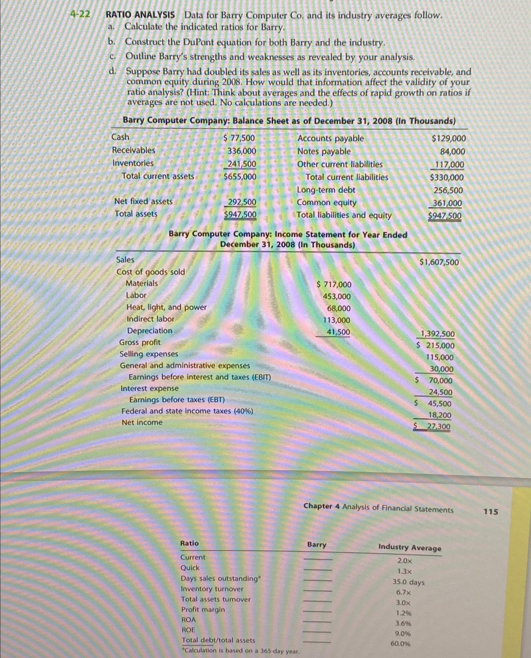 Solved 4-22 ﻿RATIO ANALYSIS Data for Barry Computer Co. ﻿and | Chegg.com