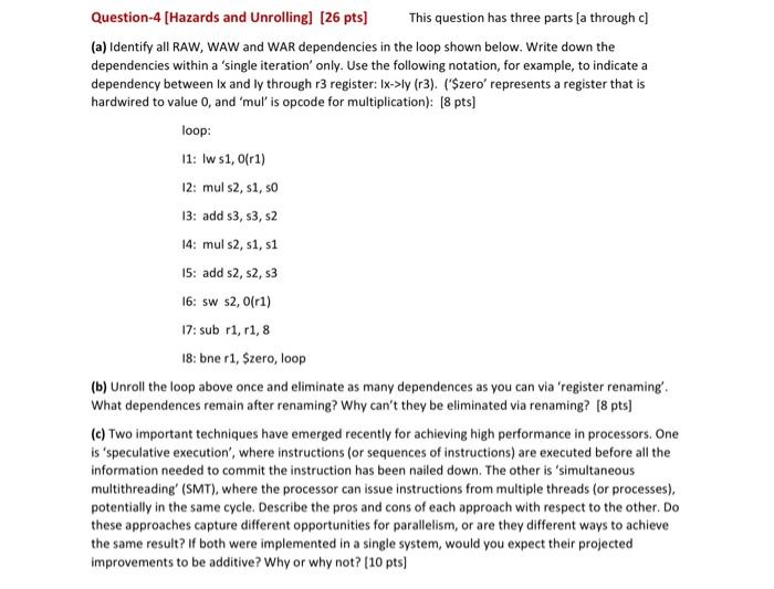 Solved Question-4 [Hazards and Unrolling) (26 pts] This | Chegg.com