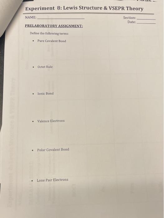 Solved Experiment 8: Lewis Structure & VSEPR Theory NAME: | Chegg.com