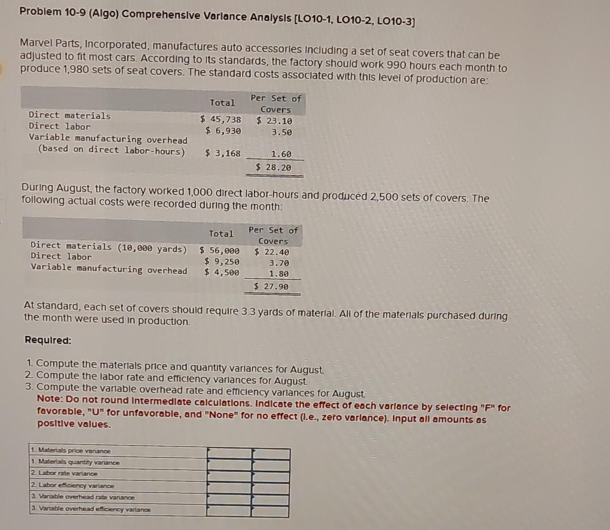 Solved Problem 10-9 (Algo) Comprehenslve Varlance Analysls | Chegg.com Solved Problem 10-9 (Algo) Comprehenslve Varlance Analysls | Chegg.com