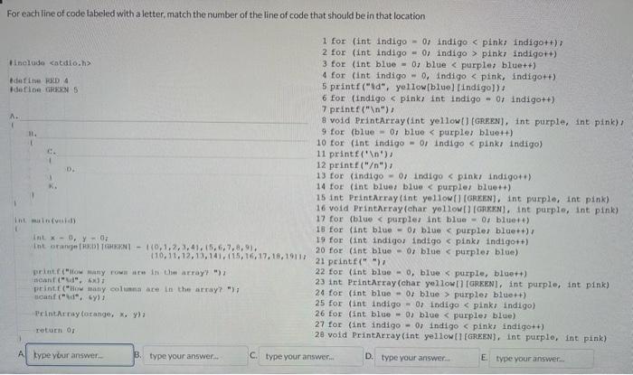 Solved For each line of code labeled with a letter, match | Chegg.com