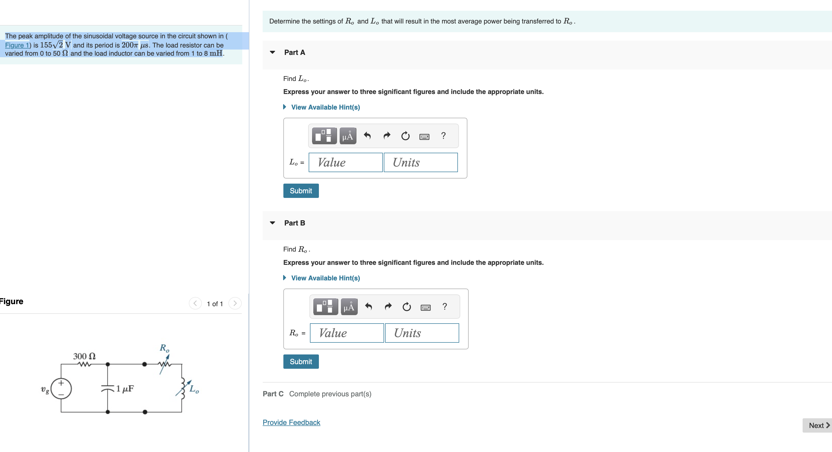 Solved Determine the settings of Ro ﻿and Lo ﻿that will | Chegg.com