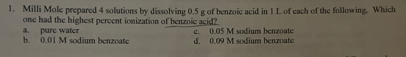 Solved Milli Mole prepared 4 ﻿solutions by dissolving 0.5g | Chegg.com