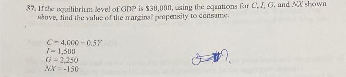 [Solved]: 37. If the equilibrium level of GDP is ( $ 30,0