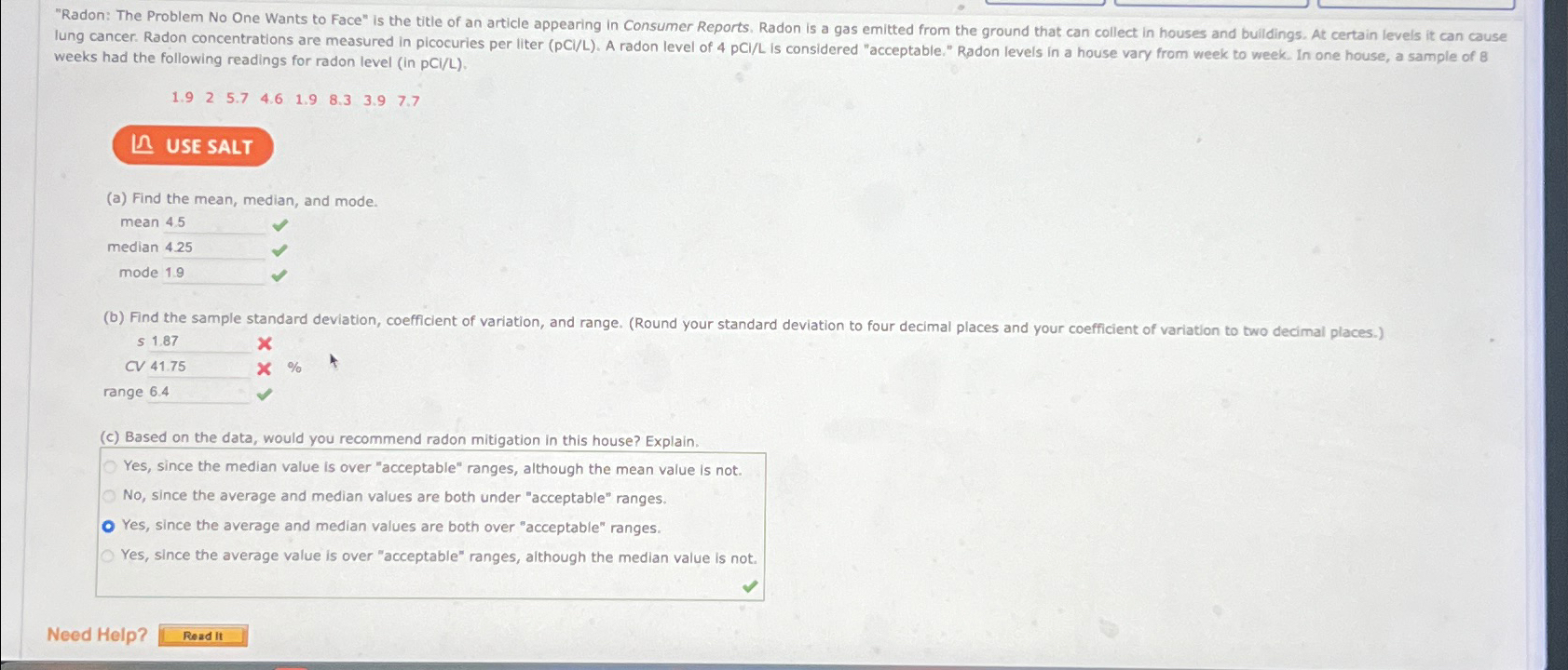 Solved weeks had the following readings for radon level (in | Chegg.com