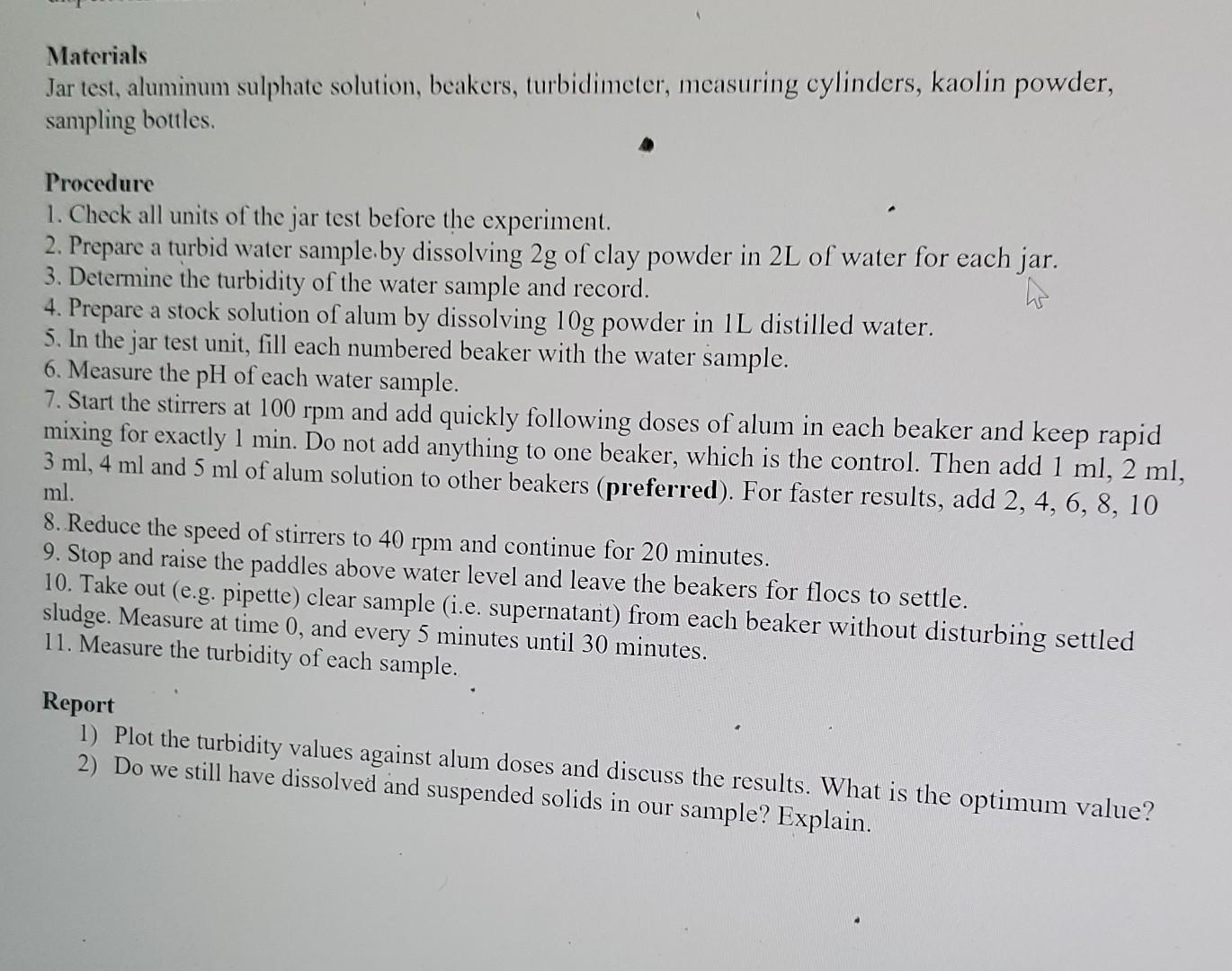 Solved Materials Jar test, aluminum sulphate solution, | Chegg.com
