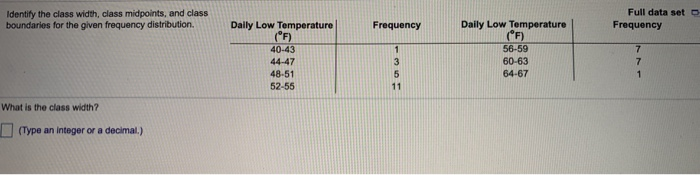 Solved Identify the class width, class midpoints, and class | Chegg.com