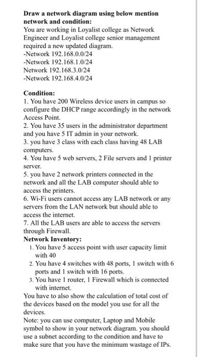 Solved Draw a network diagram using below mention network | Chegg.com