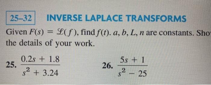 Solved INVERSE LAPLACE TRANSFORMS Given F(s)=L(f), find | Chegg.com