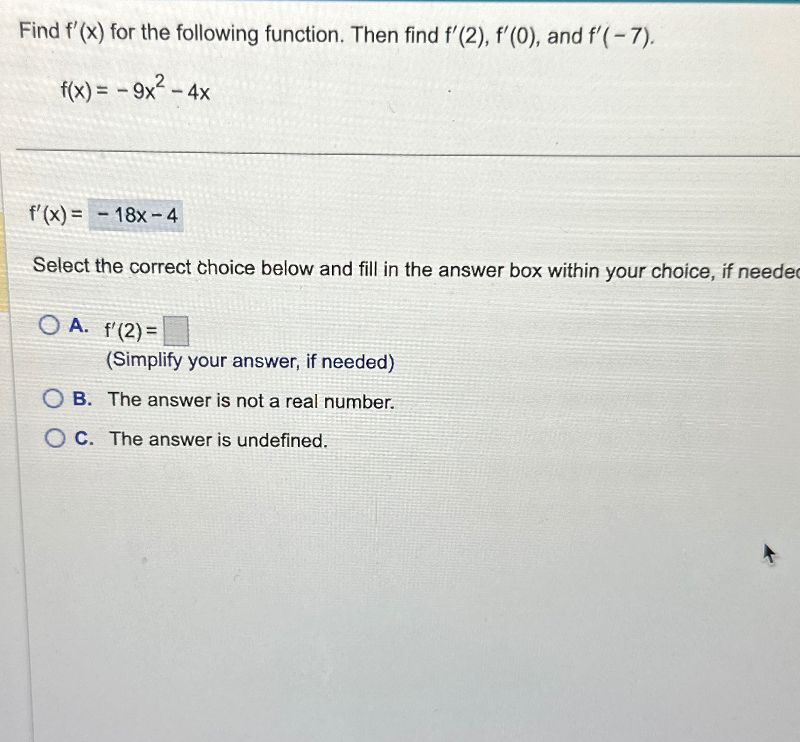 Solved Find f'(x) ﻿for the following function. Then find | Chegg.com