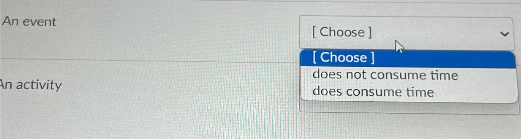Solved An event[ ﻿Choose ][ ﻿Choose ]does not consume time | Chegg.com