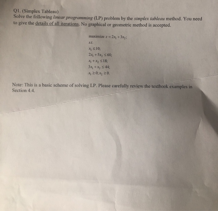 Solved Q1. (Simplex Tableau) Solve the following linear | Chegg.com