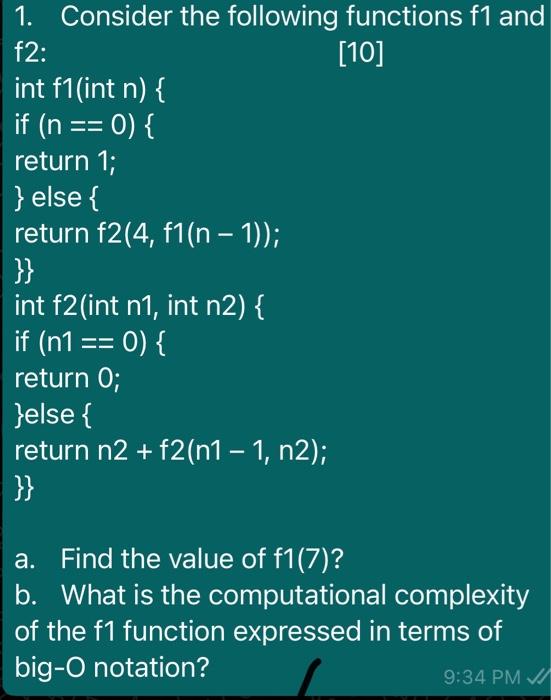 Solved 12: 1. Consider the following functions f1 and [10] | Chegg.com