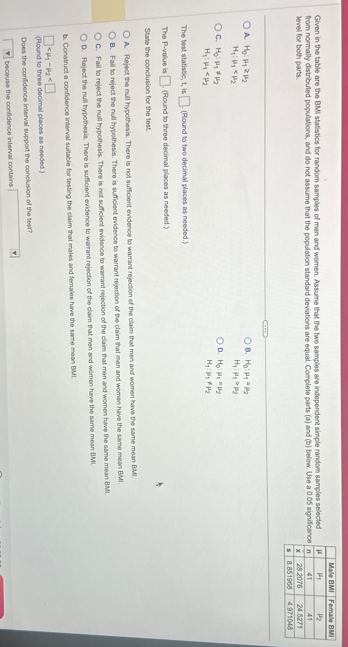 Solved Given in the table are the BMI statistics for random | Chegg.com
