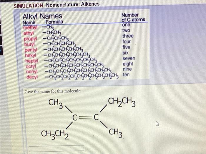 Solved SIMULATION Nomenclature: Alkenes Alkyl Names Number | Chegg.com