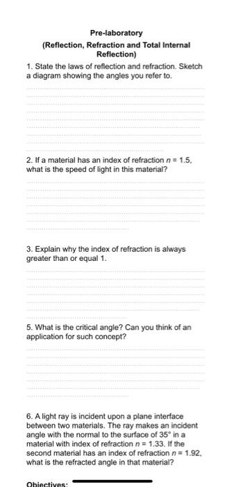 Solved Pre-laboratory (Reflection, Refraction and Total | Chegg.com