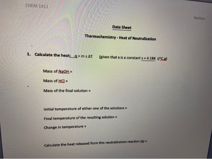 CHEM 1411 Section: Data Sheet Thermochemistry - Heat | Chegg.com