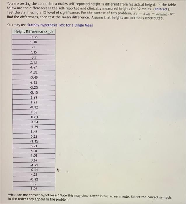 Solved You are testing the claim that a male's self-reported | Chegg.com
