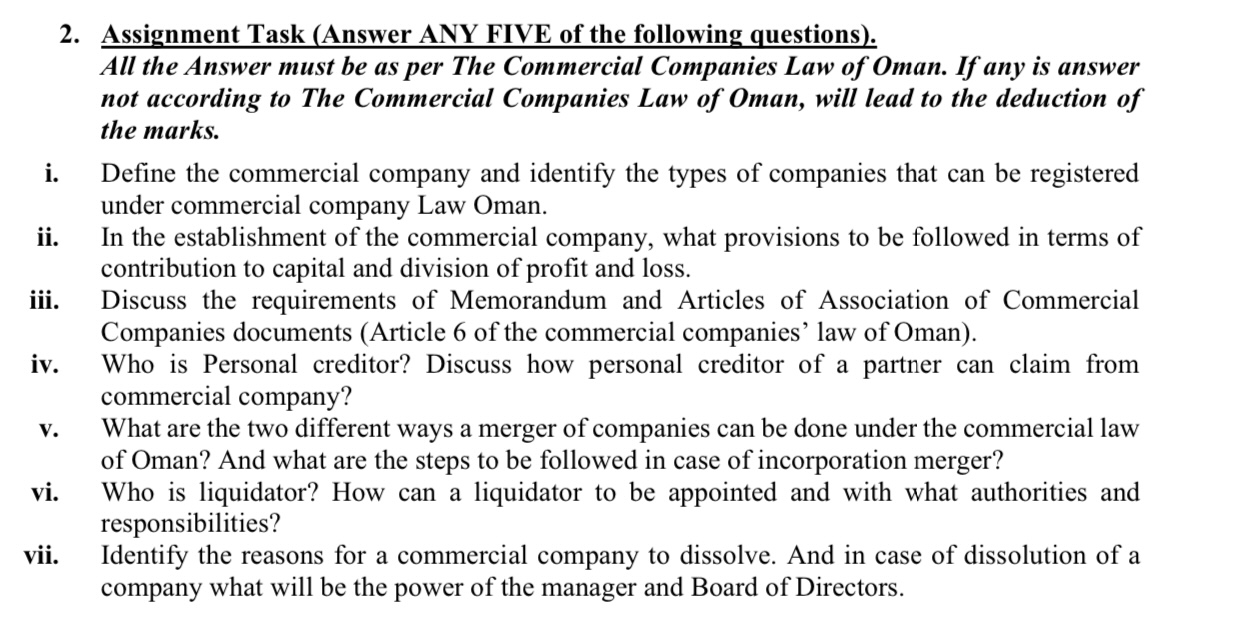 Solved Assignment Task (Answer ANY FIVE of the following | Chegg.com