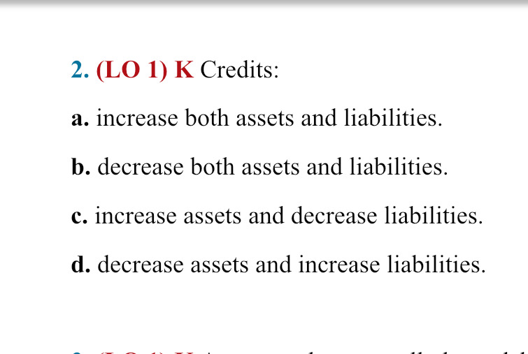 Solved (LO 1) ﻿K Credits:a. ﻿increase both assets and | Chegg.com