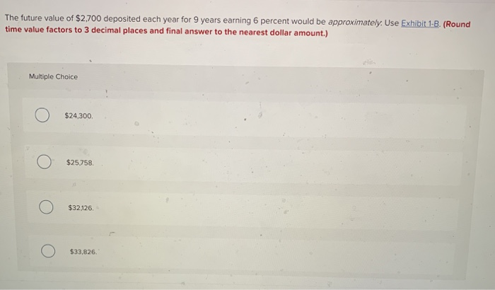 Solved The future value of $2,700 deposited each year for 9 | Chegg.com