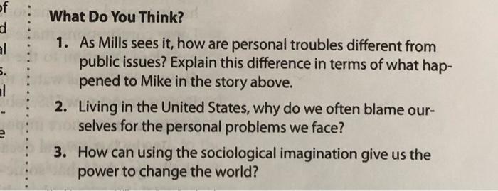 1. As Mills sees it, how are personal troubles | Chegg.com