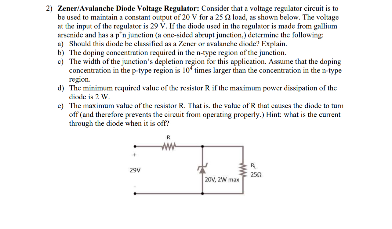 Solved by an EXPERT Zener/Avalanche Diode Voltage Regulator: Consider | Chegg.com