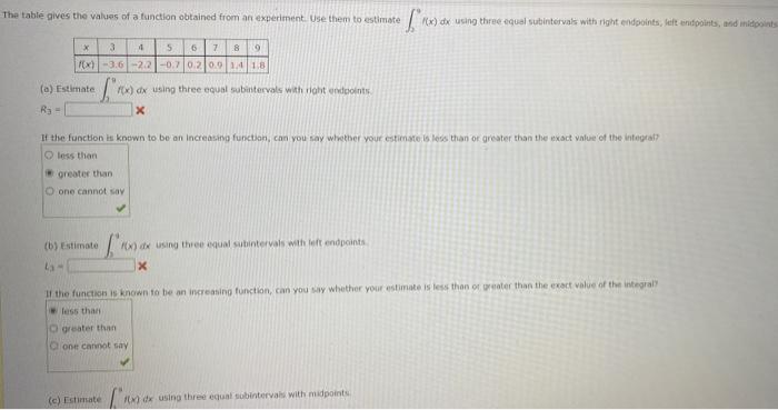 Solved f f(x) dx using three equal subintervals with right | Chegg.com