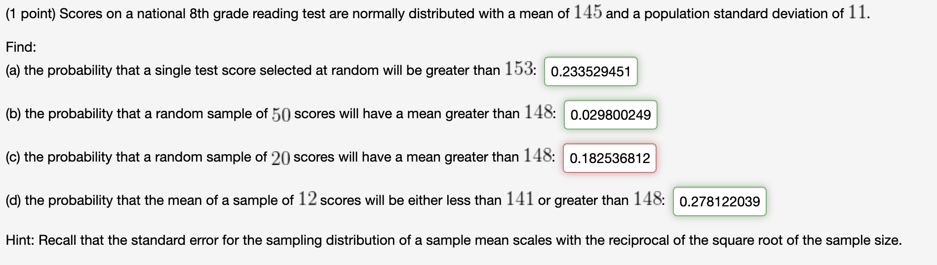 Solved (1 ﻿point) ﻿Scores on a national 8th grade reading | Chegg.com