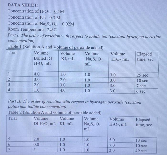 Solved DATA SHEET: Concentration of H2O2:0.1M Concentration | Chegg.com