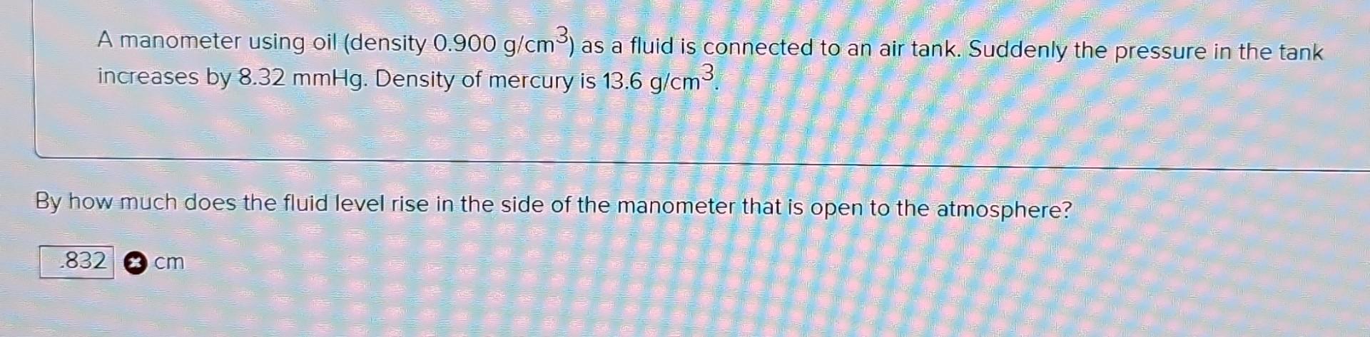 Solved A manometer using oil (density 0.900 g/cm3 ) as a | Chegg.com