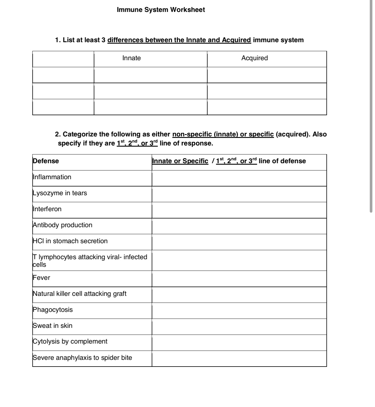 Solved Immune System WorksheetList at least 3 ﻿differences | Chegg.com