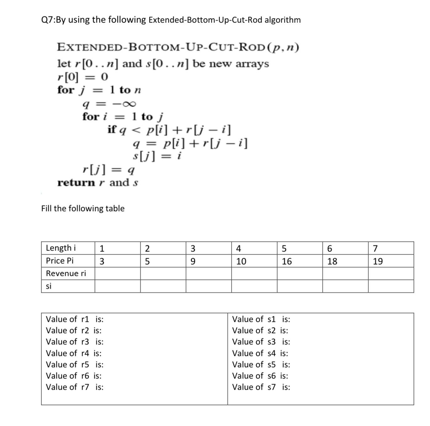 Solved Q7:By using the following Extended-Bottom-Up-Cut-Rod | Chegg.com