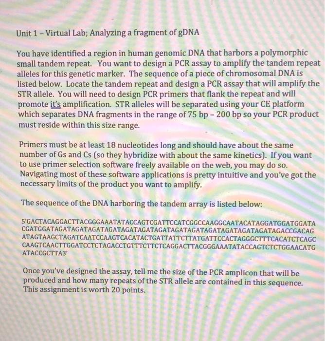 Solved Unit 1 - Virtual Lab; Analyzing a fragment of gDNA | Chegg.com