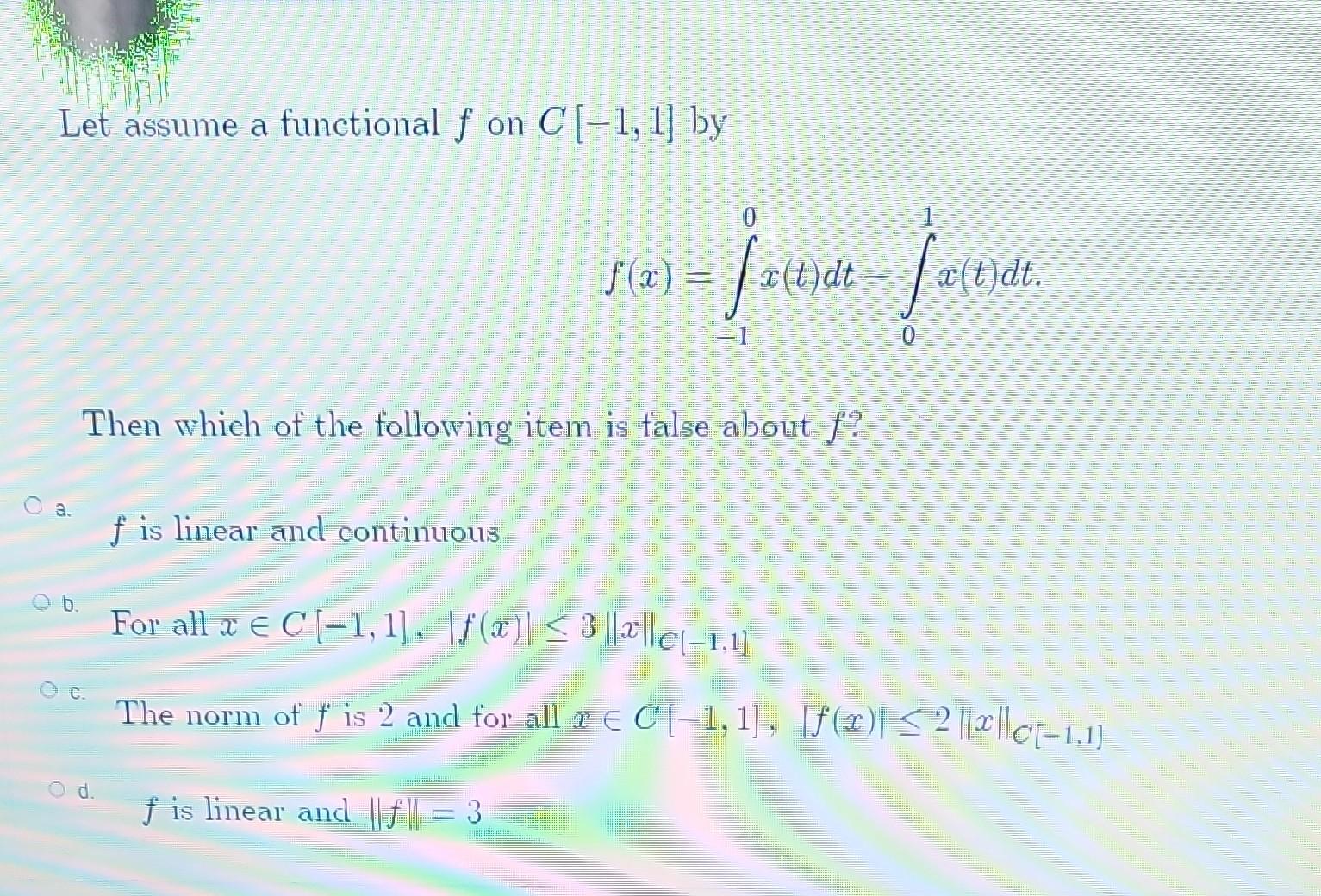 Solved Let assume a functional f on C[−1,1] by | Chegg.com