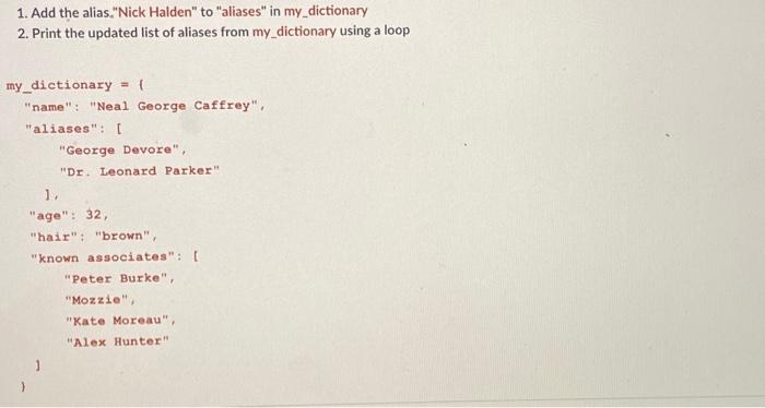 Solved 1. Add the alias," Nick Halden" to "aliases" in | Chegg.com