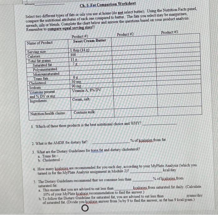 Solved Ch. 5 Fat Comparison Worksheet Select two different | Chegg.com