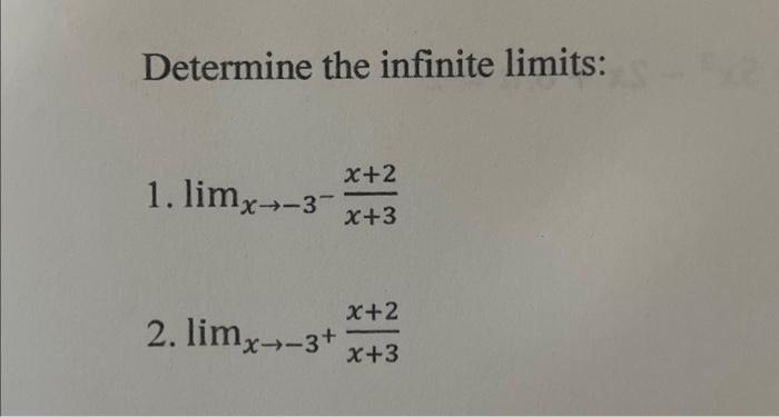 Solved Determine the infinite limits: 1. limx→−3−x+3x+2 2. | Chegg.com