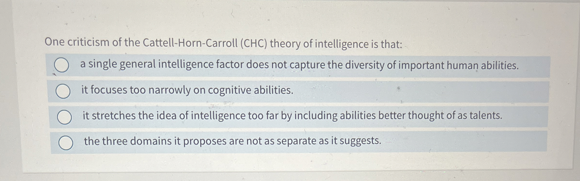Solved One criticism of the Cattell-Horn-Carroll (CHC) | Chegg.com