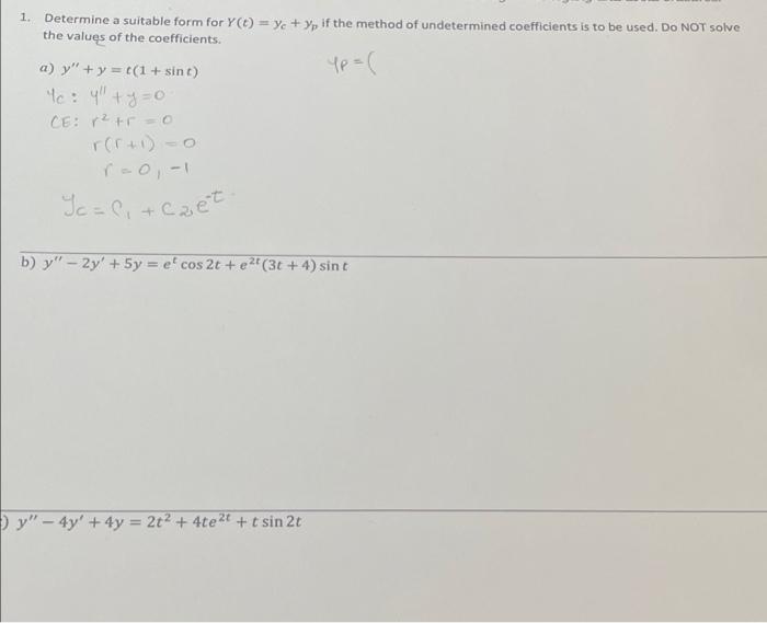 Solved 1. Determine a suitable form for Y(t)=yc+yp if the | Chegg.com