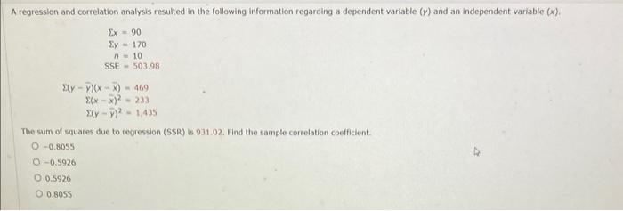 Solved A regression and correlation analysis resulted in the | Chegg.com