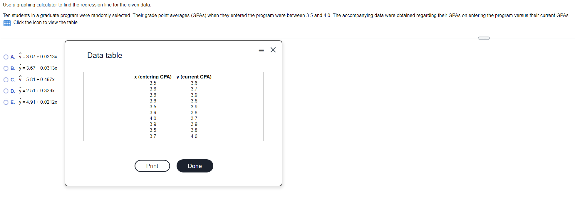 Solved Use a graphing calculator to find the regression line | Chegg.com